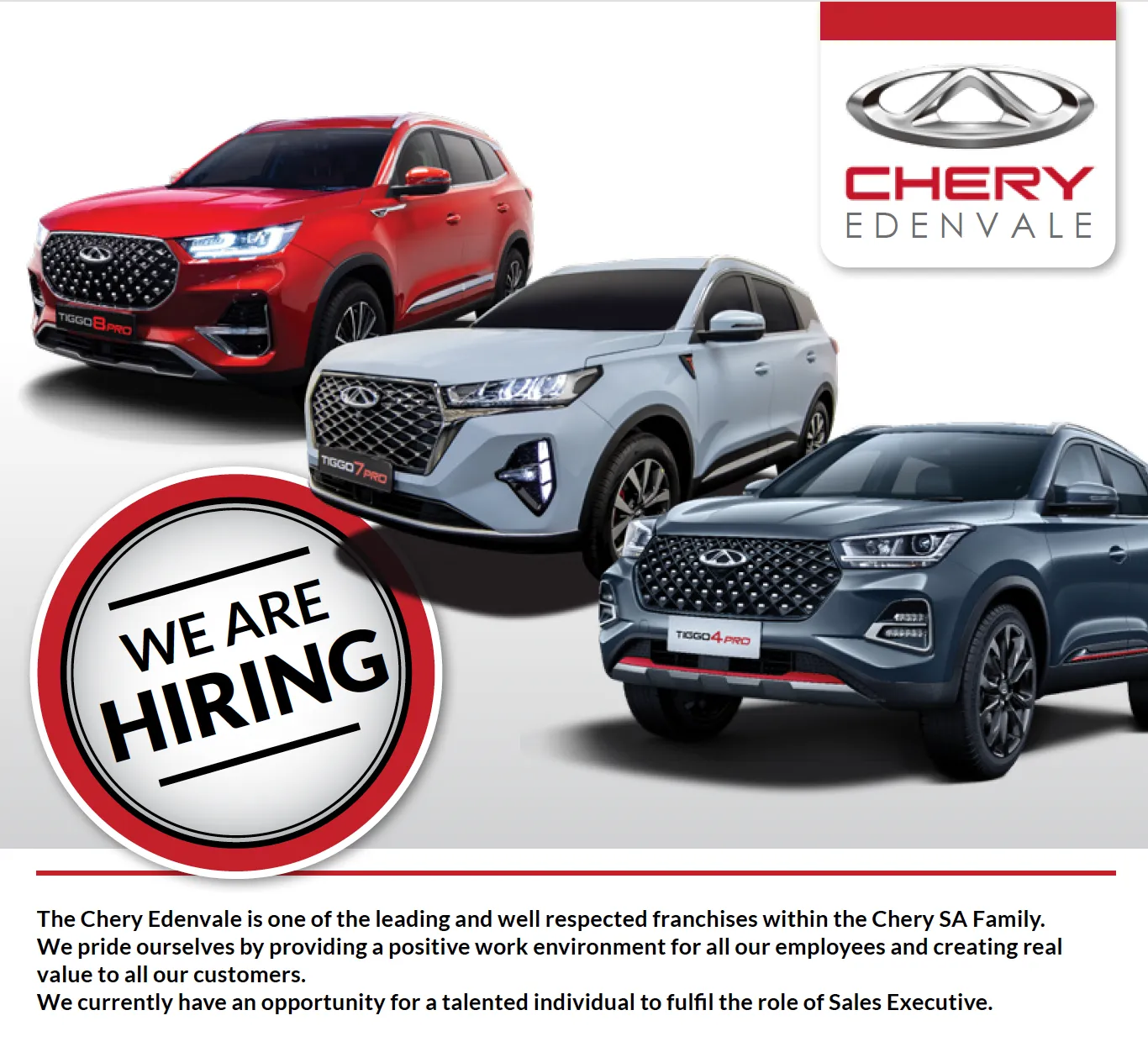 Chery Edenvale is Hiring! | Chery Edenvale