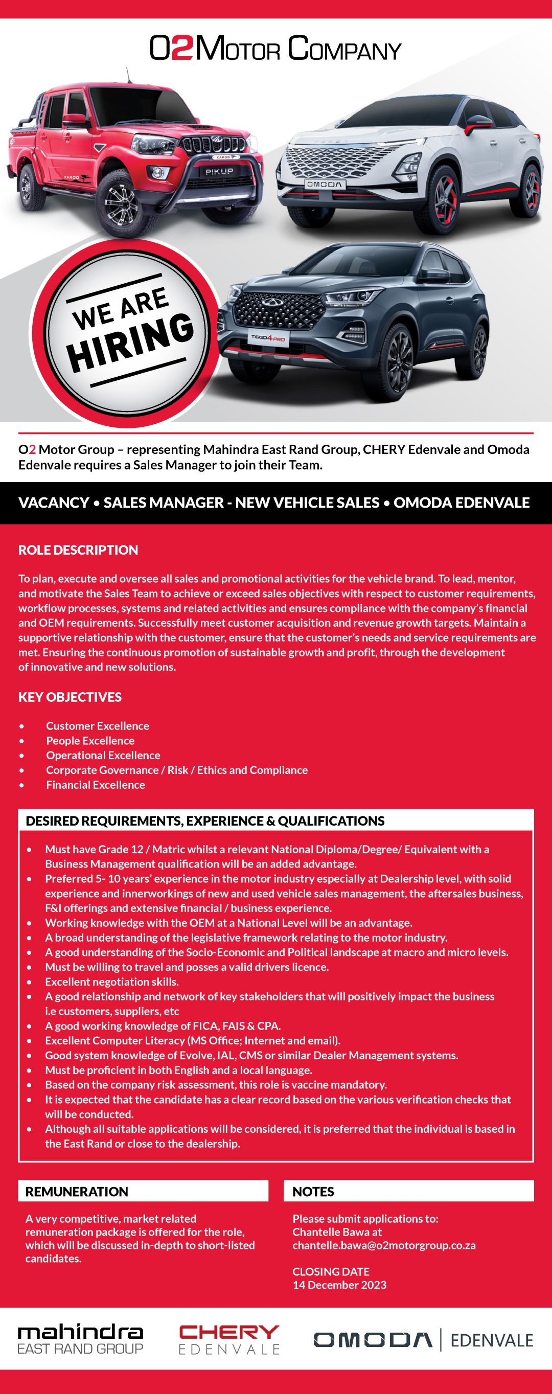 Omoda Vacancy - Sales Manager - New Vehicles | Chery Edenvale