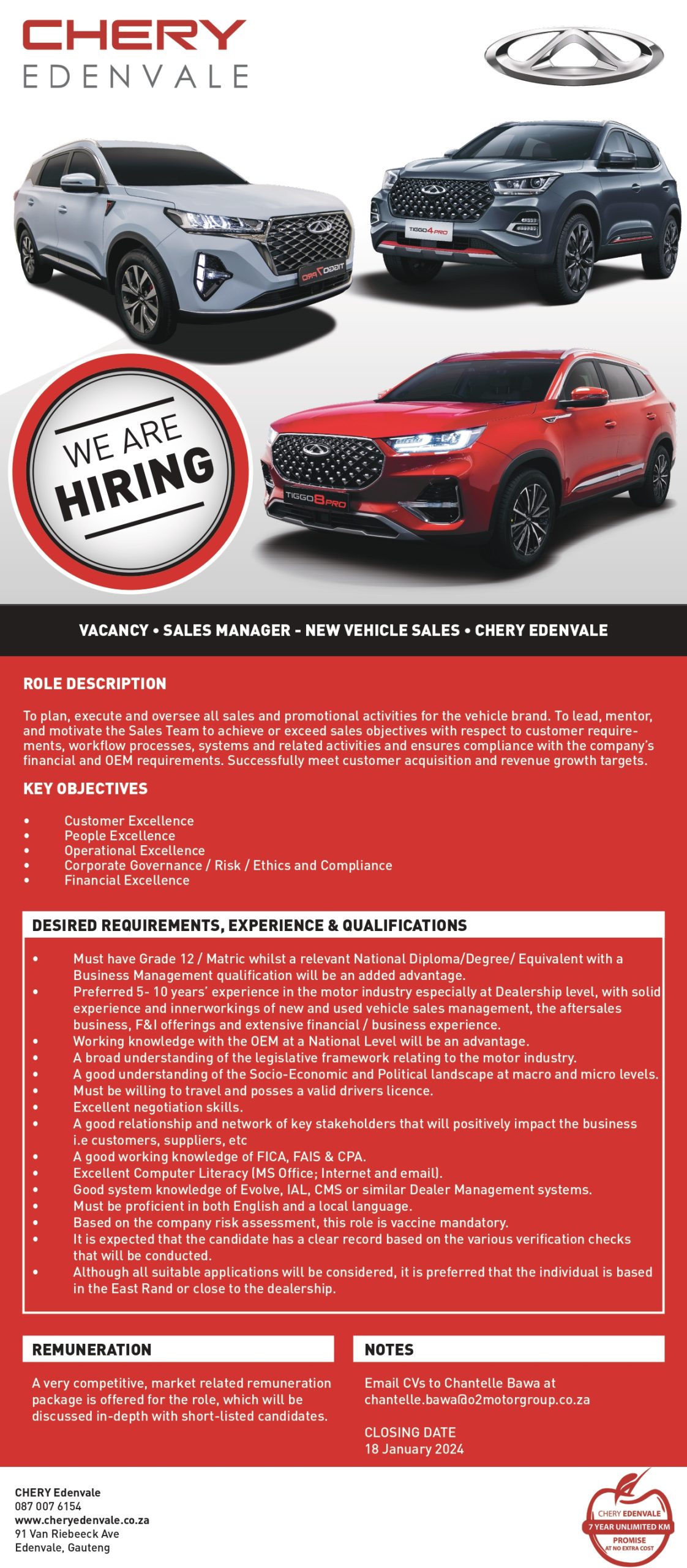 Vacancy - Sales Manager | Chery Edenvale